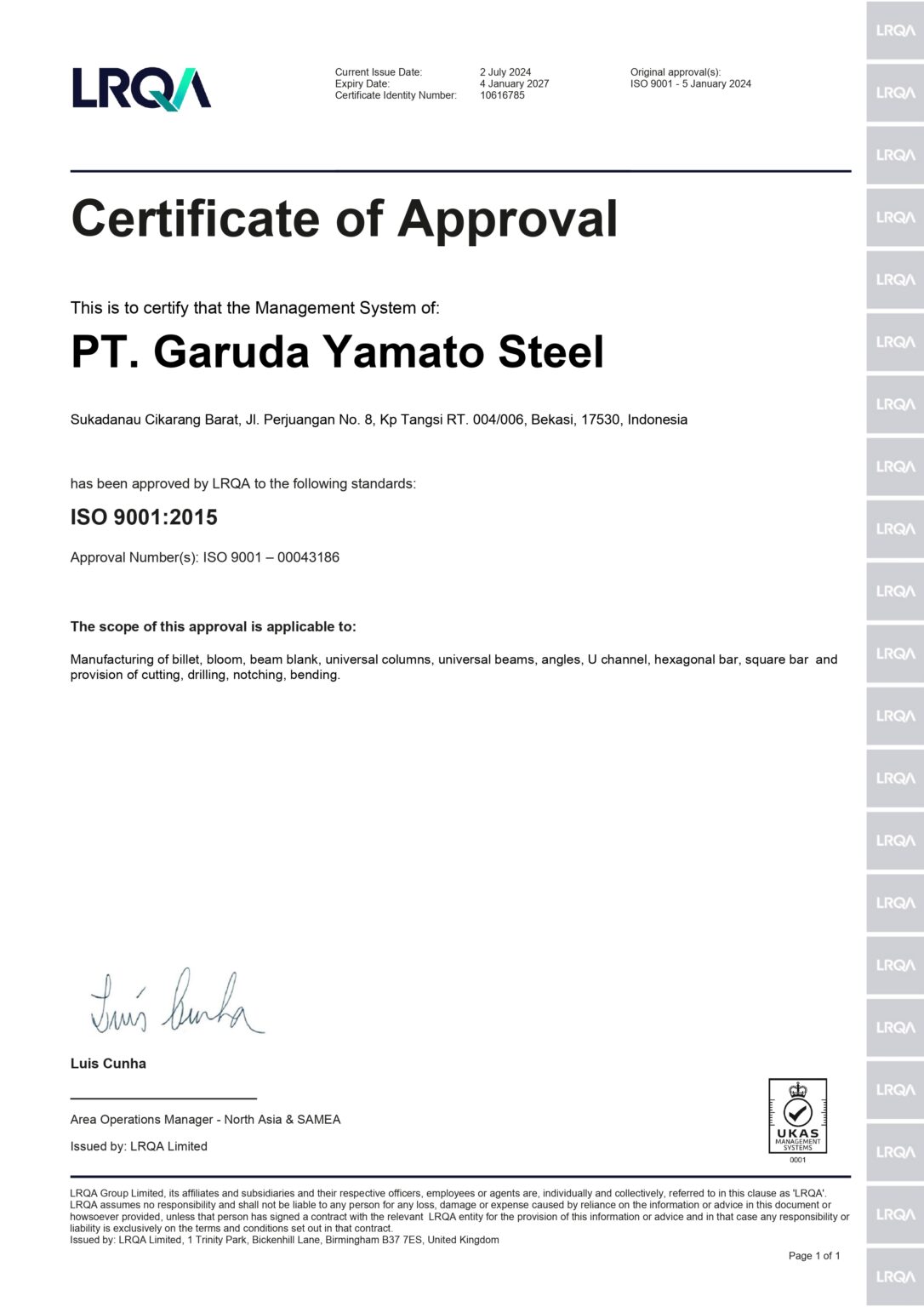 ISO Certifications - Garuda Yamato Steel