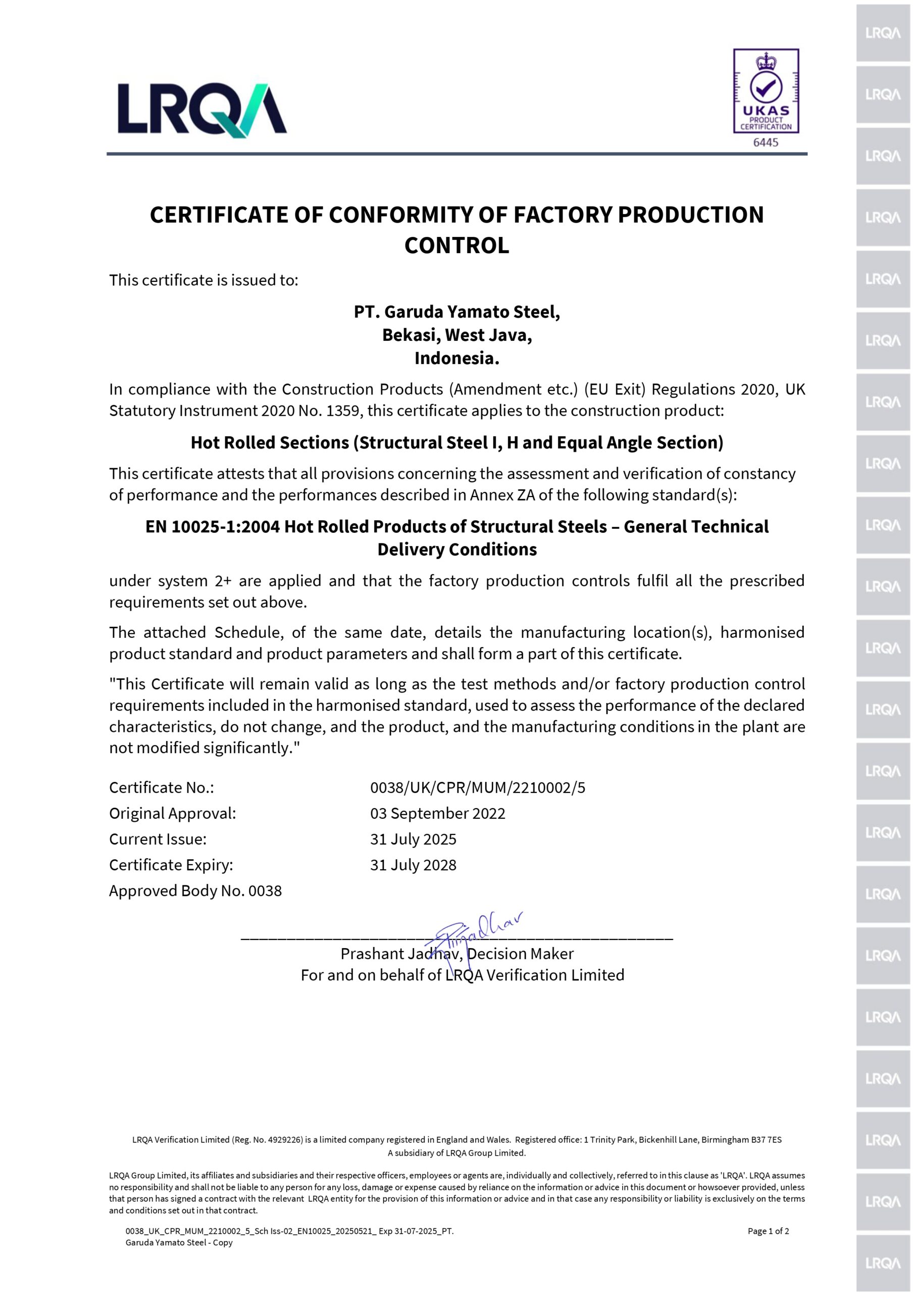 International & SNI Certifications - Garuda Yamato Steel