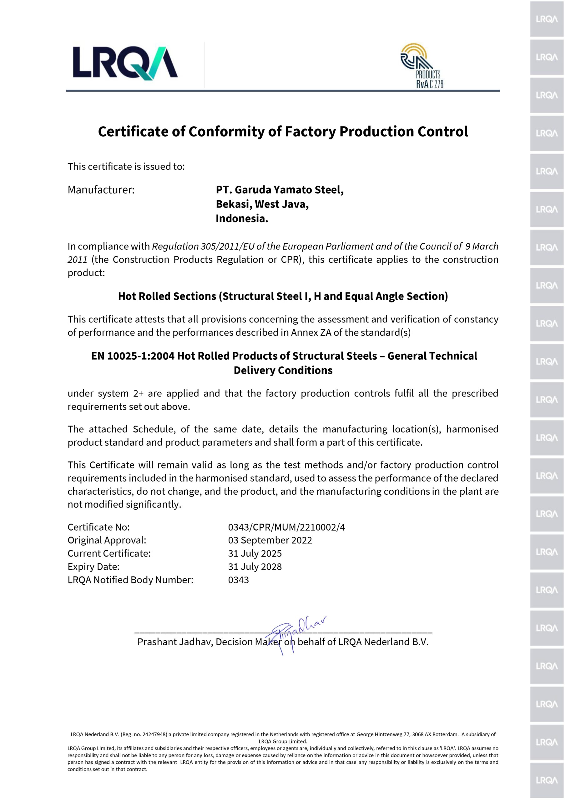 International & SNI Certifications - Garuda Yamato Steel