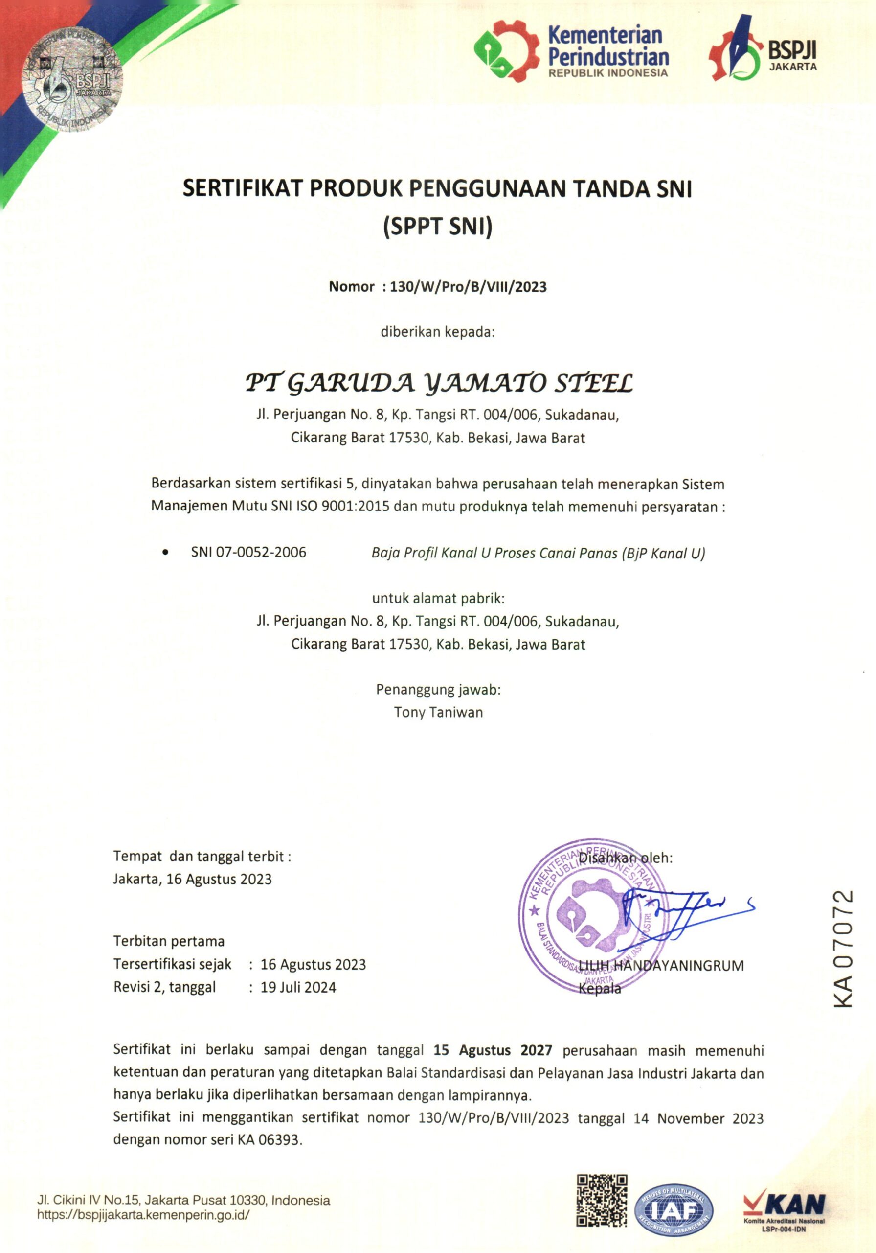 International & SNI Certifications - Garuda Yamato Steel