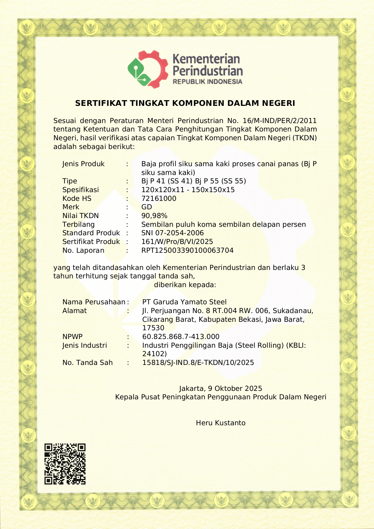 TKDN Certifications - Garuda Yamato Steel