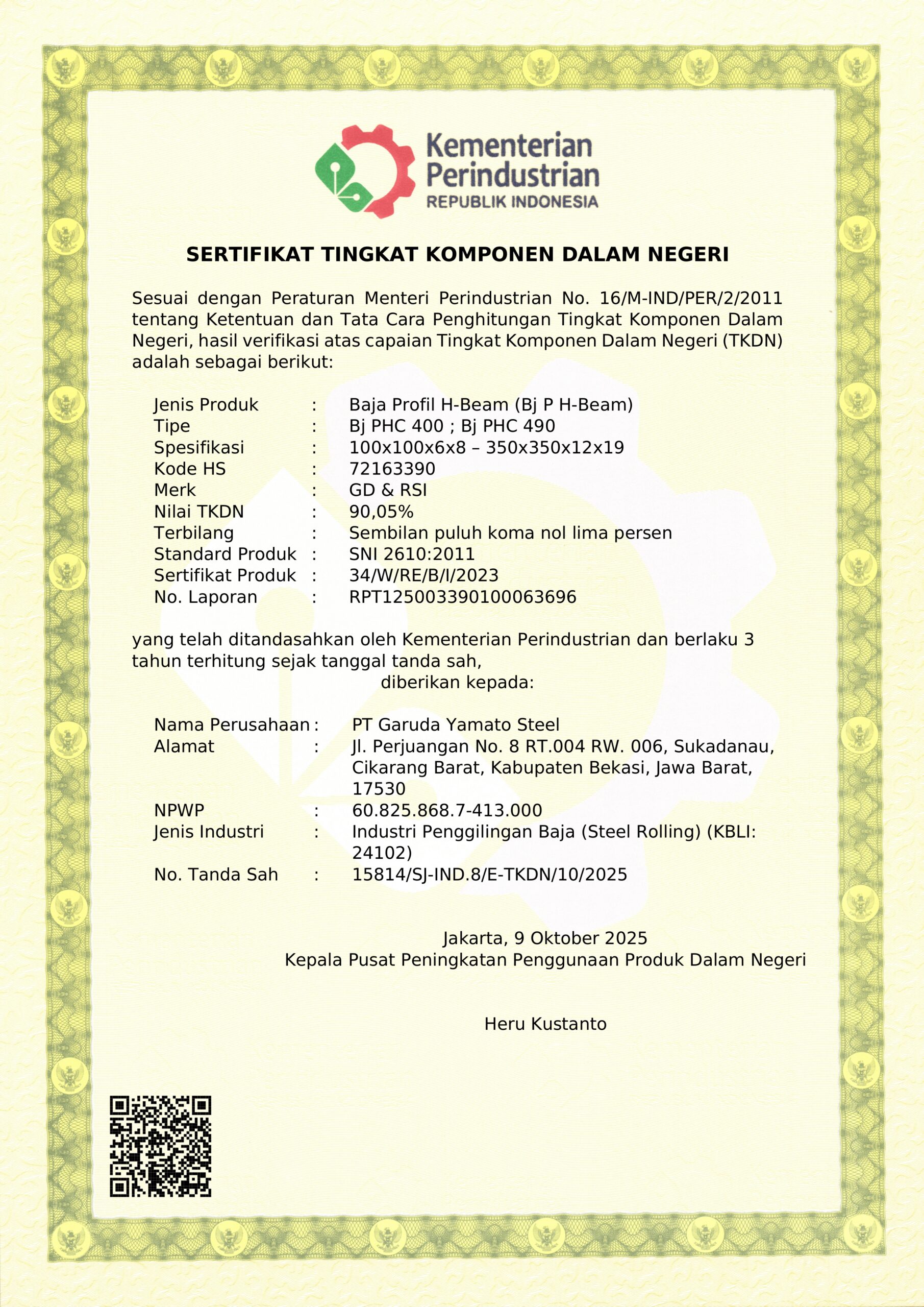 TKDN Certifications - Garuda Yamato Steel